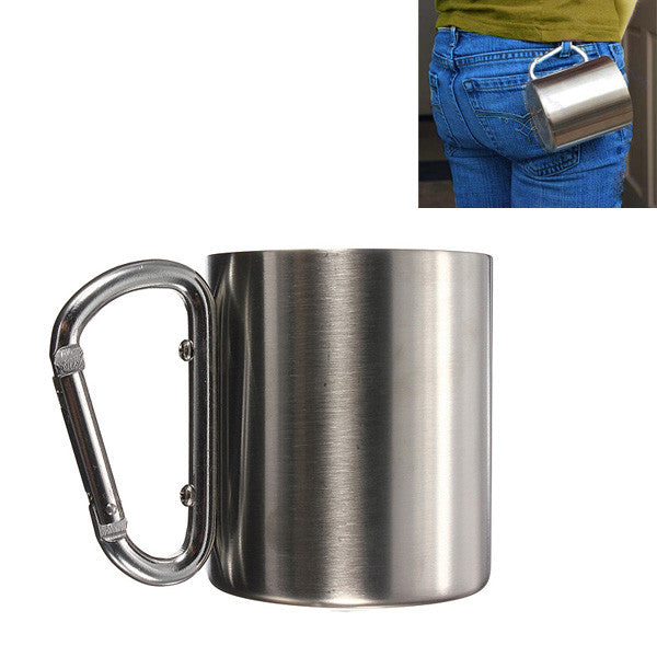 220ml Portable Stainless Steel Mug Camping Cup Carabiner Double Wall ...